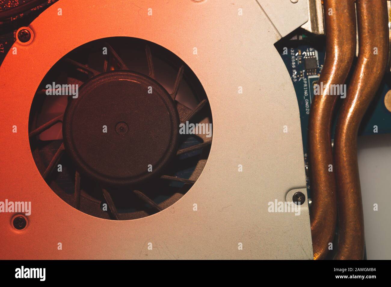 Cooling system of notebook close up. computer cooling fan with dust ...