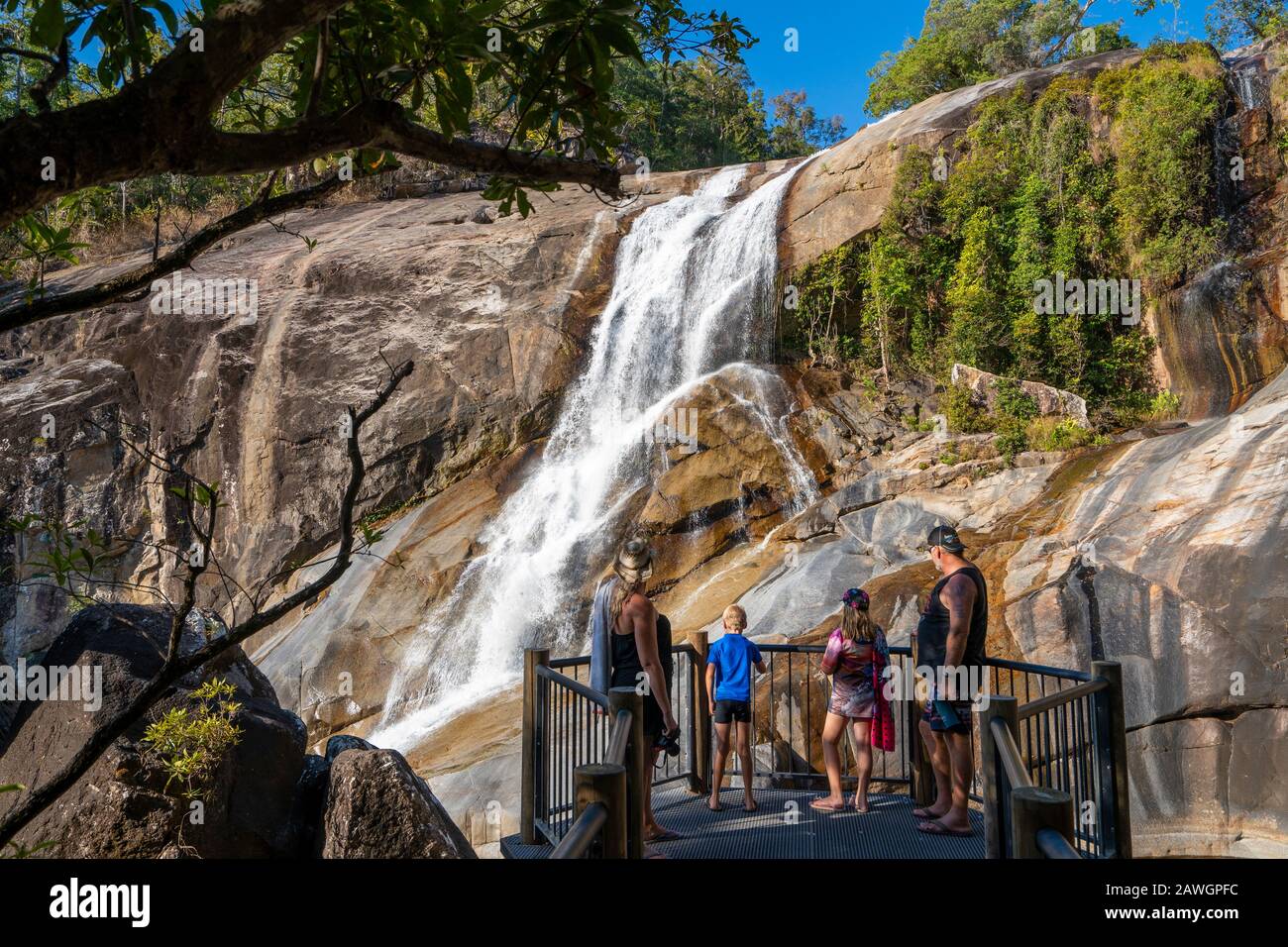 Family standing on viewing platformat Murray Falls. Girramay National ...