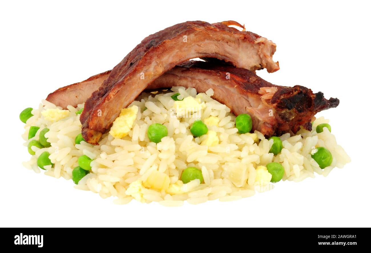 Chinese style mini pork ribs with egg rice isolated on a white ...