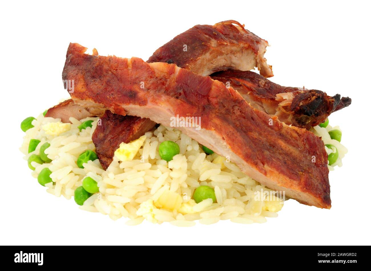 Chinese style mini pork ribs with egg rice isolated on a white ...