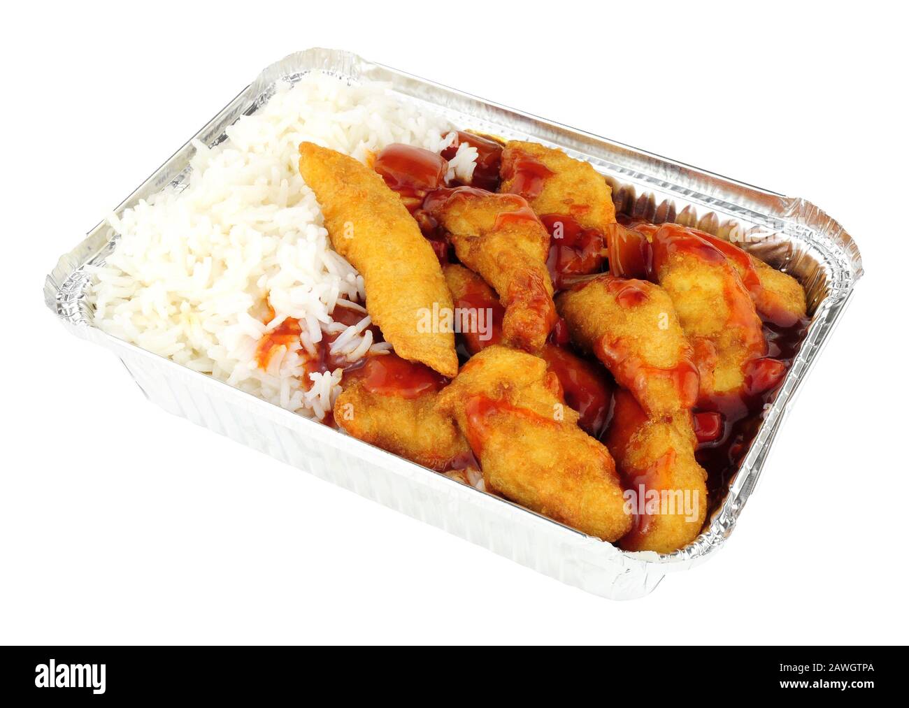 Chinese crispy battered chicken and rice with sweet and sour sauce in a ...