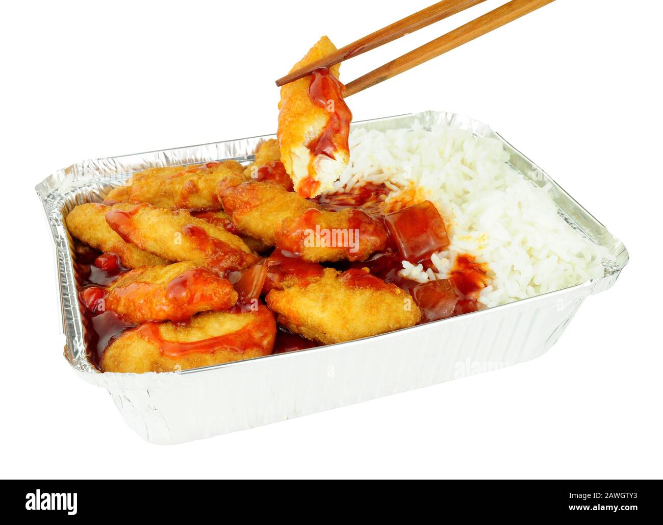 Chinese crispy battered chicken and rice with sweet and sour sauce in a ...