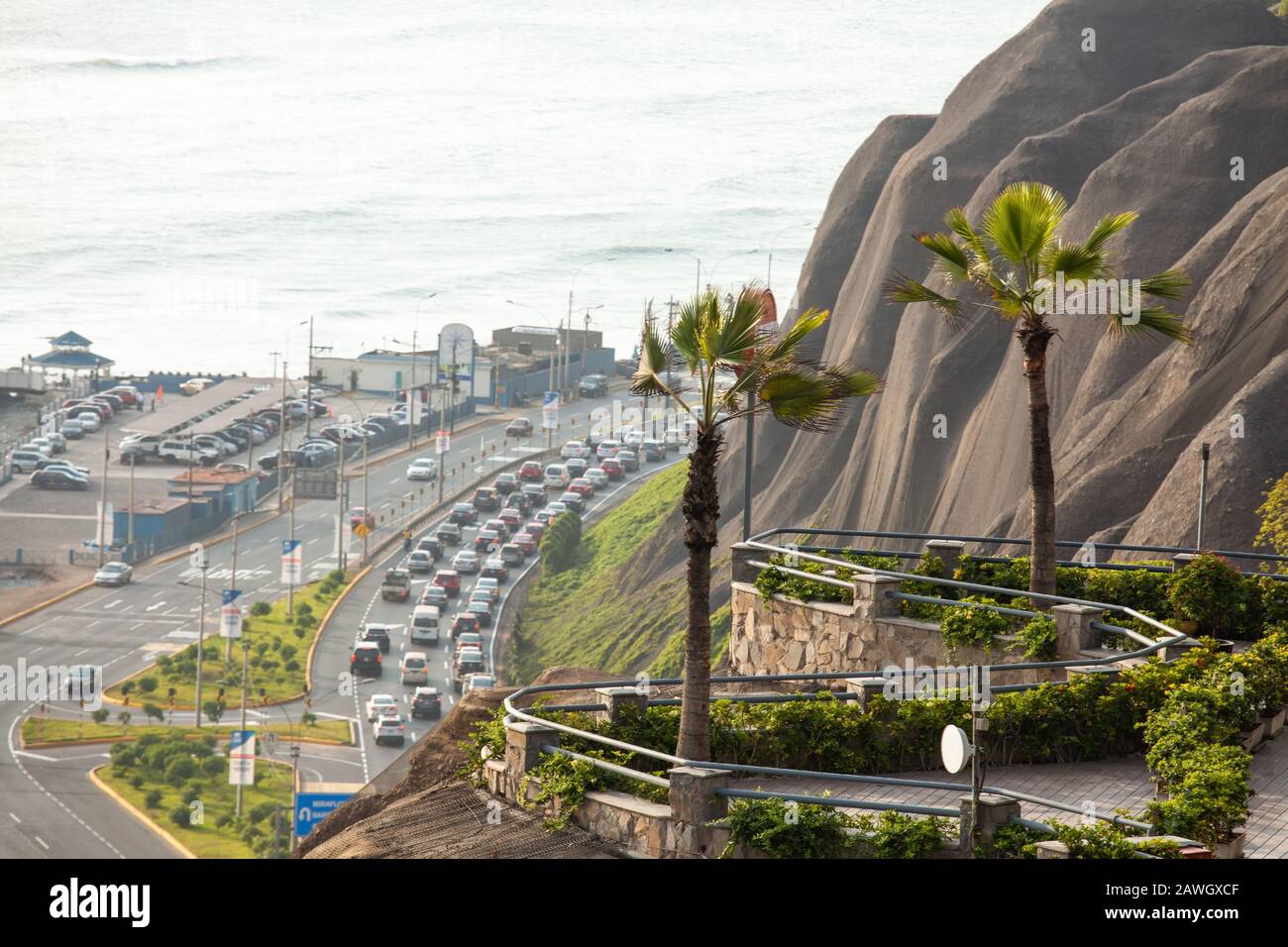 2019-12-07 Lima, Peru. Highway view, traffic, green slope, horizontal ...