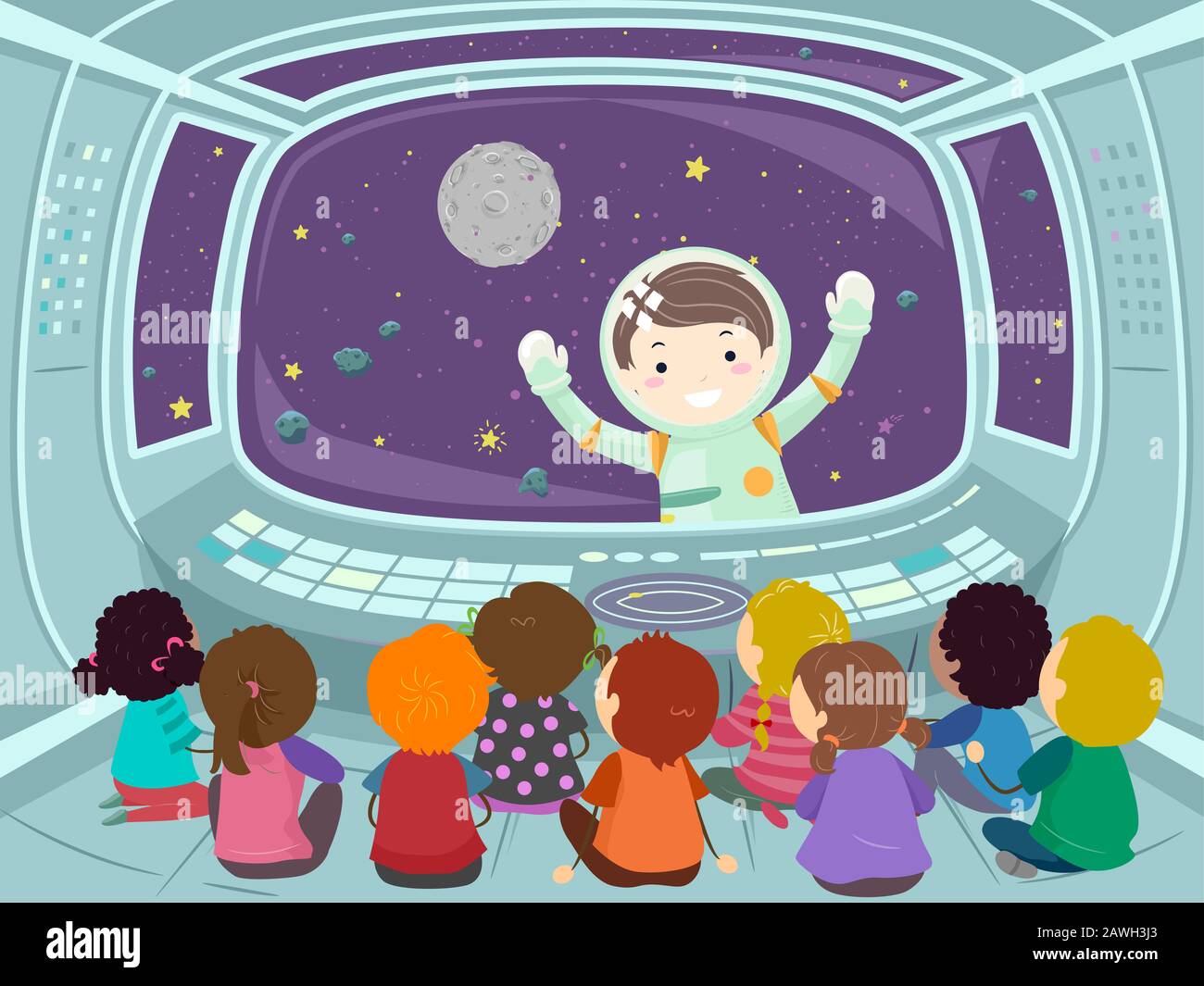 Illustration of Stickman Kids In Space Ship Observing Outer Space with ...