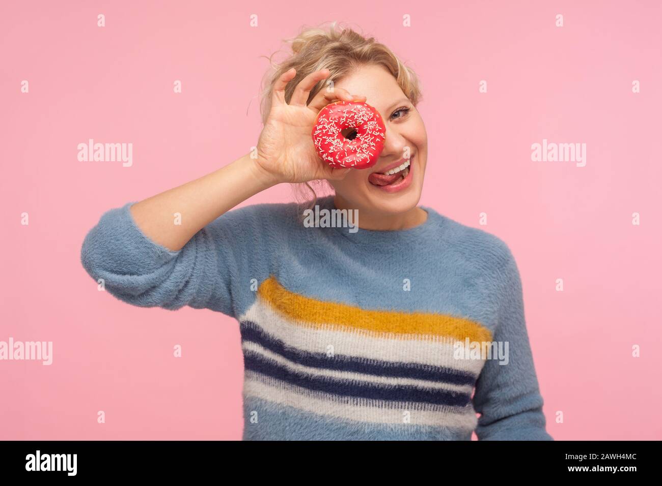 Confection, sweet dessert. Portrait of positive woman with short hair ...