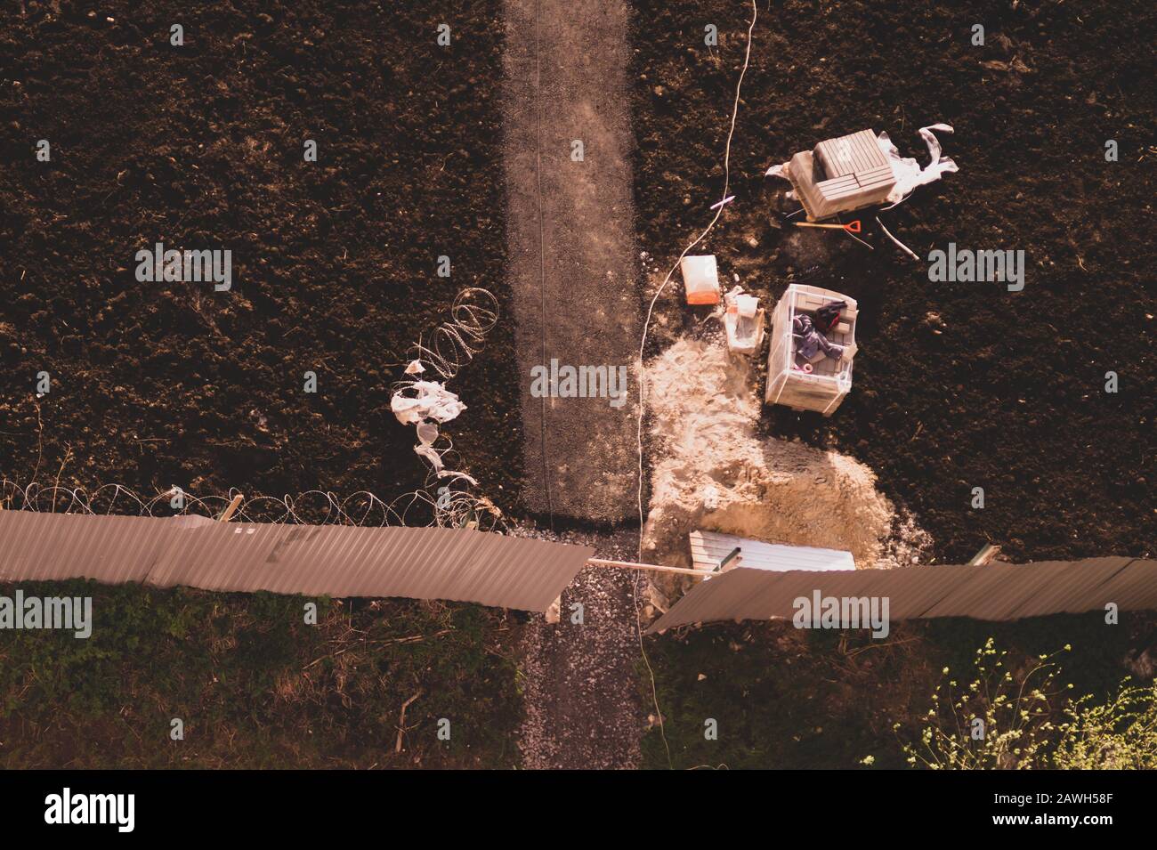 View on the build place of future pavement. construction work. aerial ...