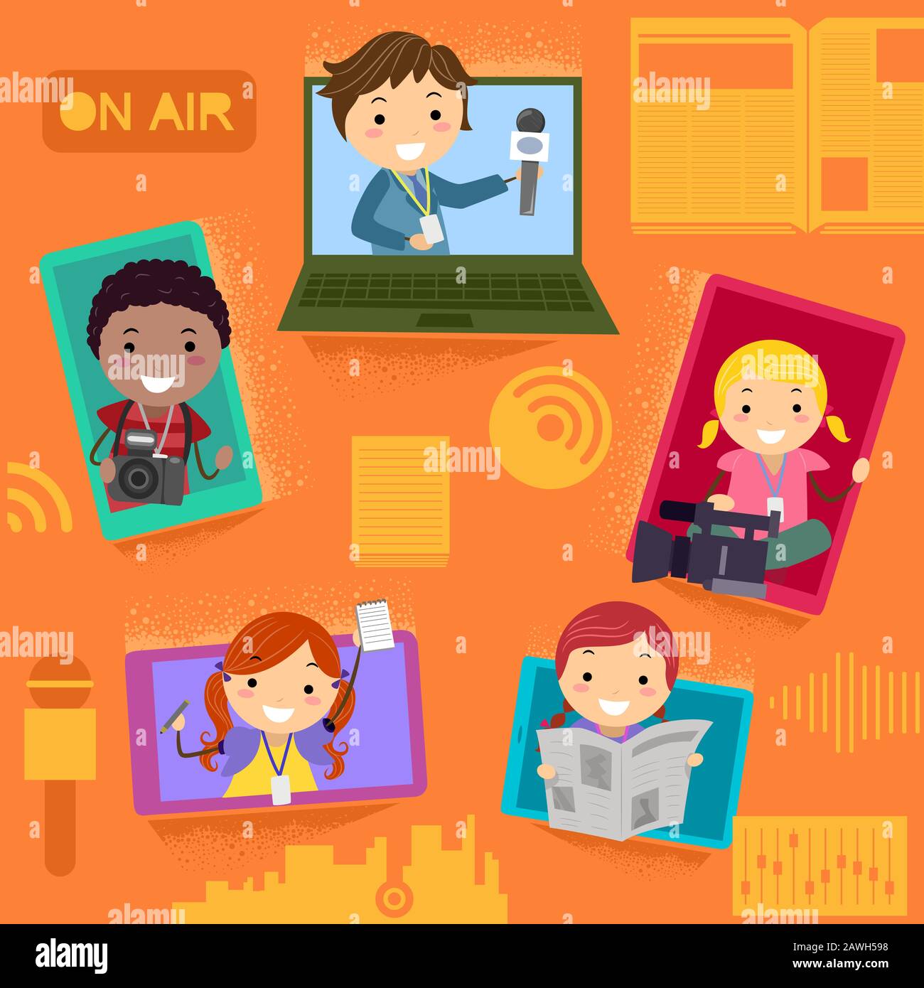 Illustration of Stickman Kids Journalist In Different Broadcasting ...