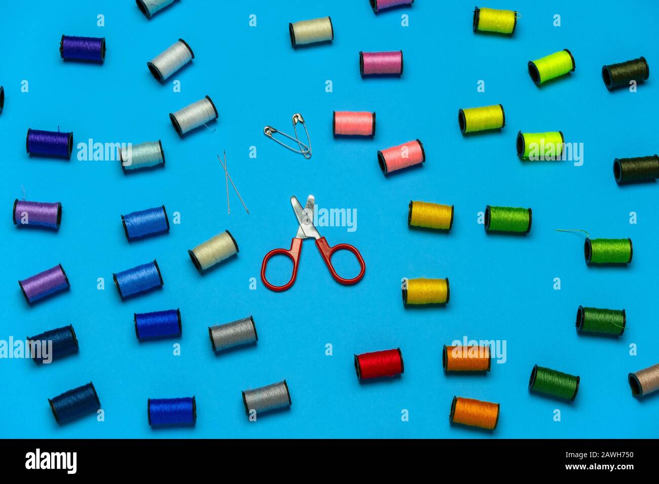 top view creative still life flat lay with reels of multicolored ...