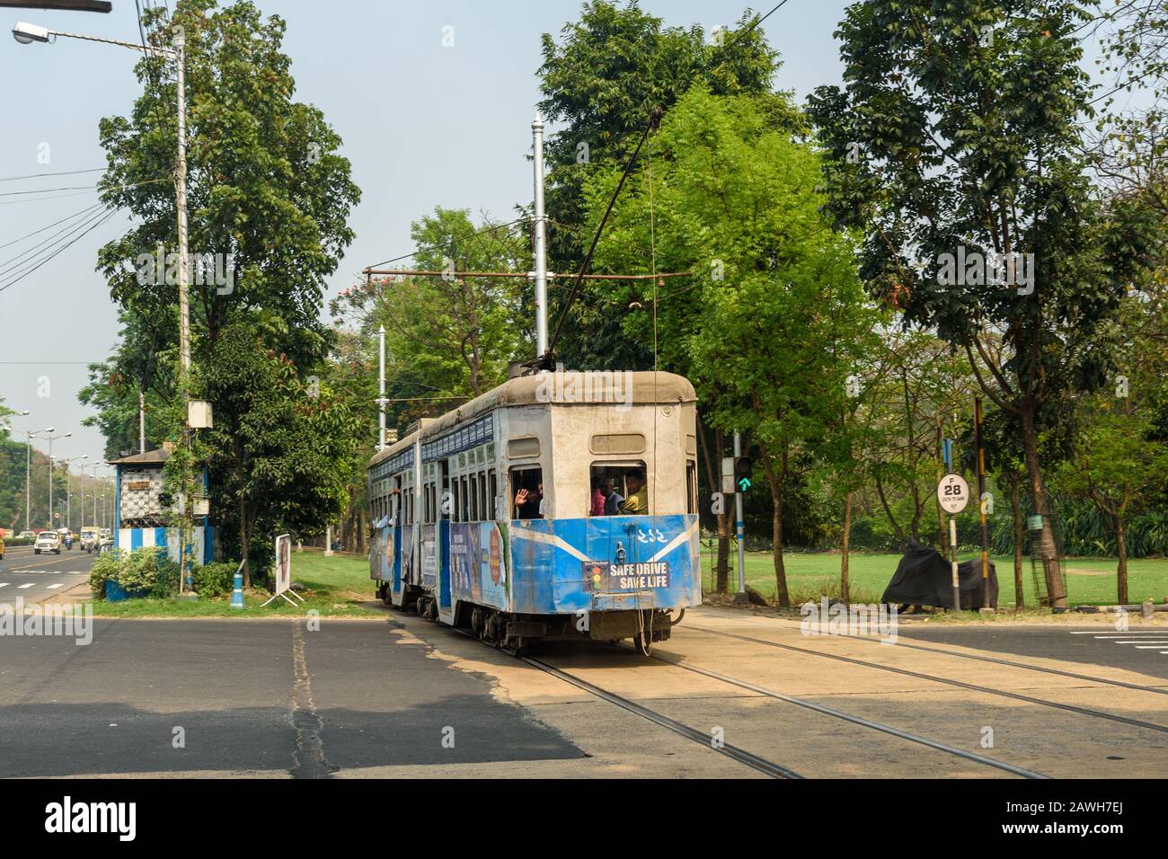 Historic and heritage tram on the road in Kolkata. India Stock Photo ...