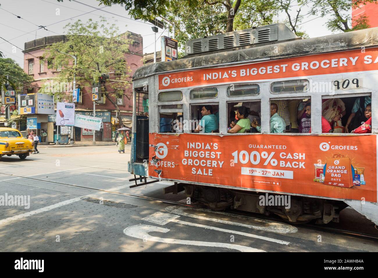 Historic and heritage tram on the road in Kolkata. India Stock Photo ...