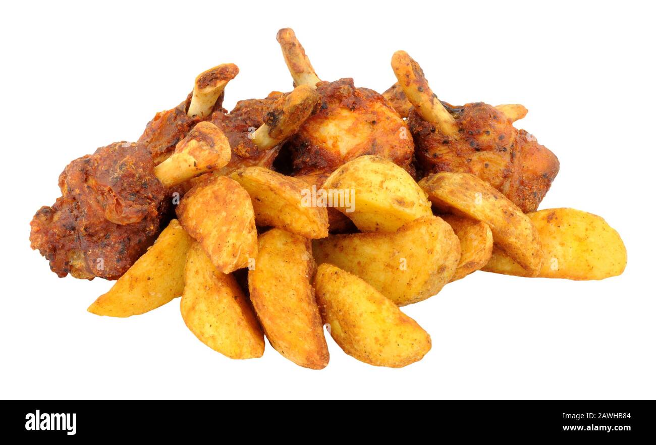 Chicken wings with potato wedges isolated on a white background Stock ...
