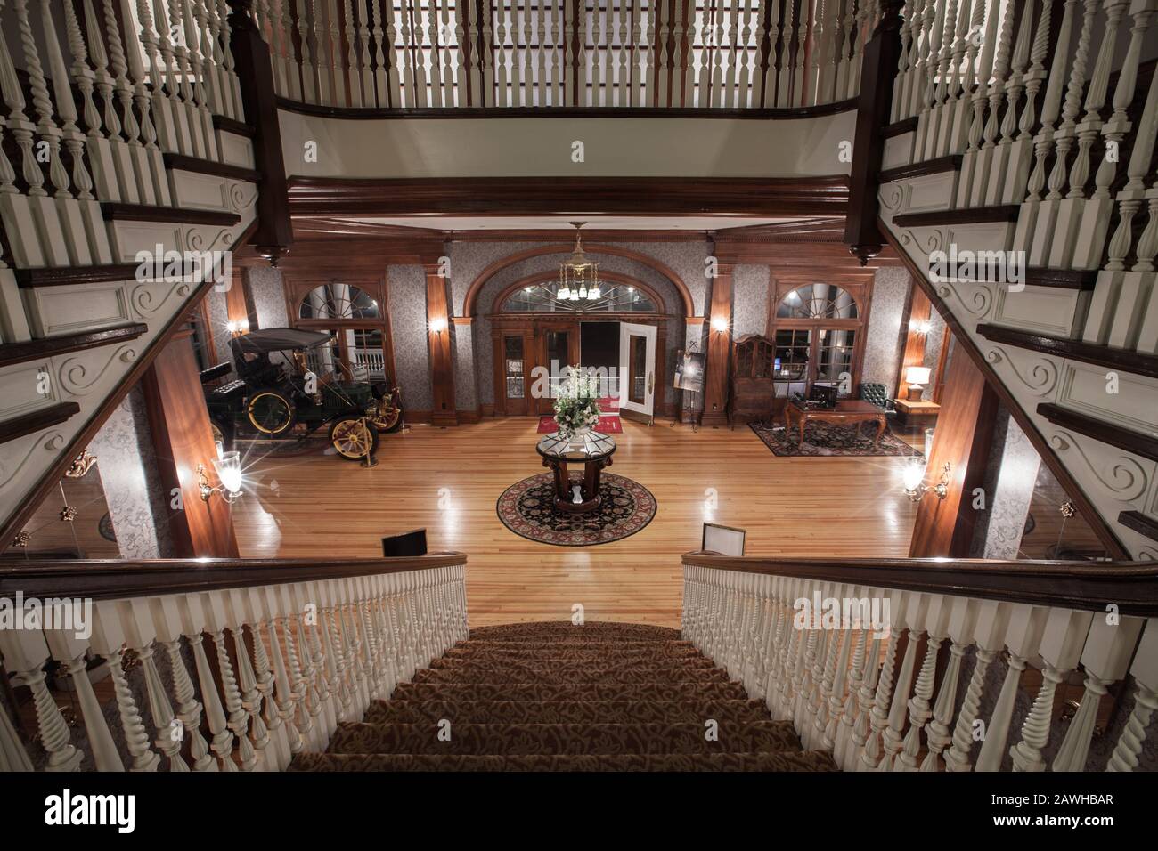 Grand Staircase looking into the lobby of the Historic Stanley Hotel in ...