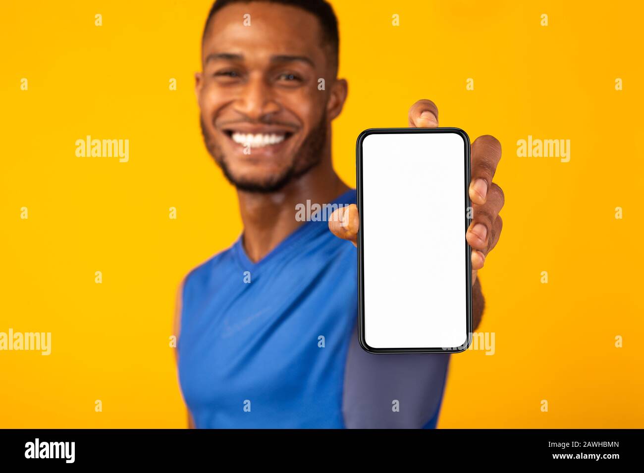 Black Millennial Gman Showing White Blank Phone Stock Photo Alamy