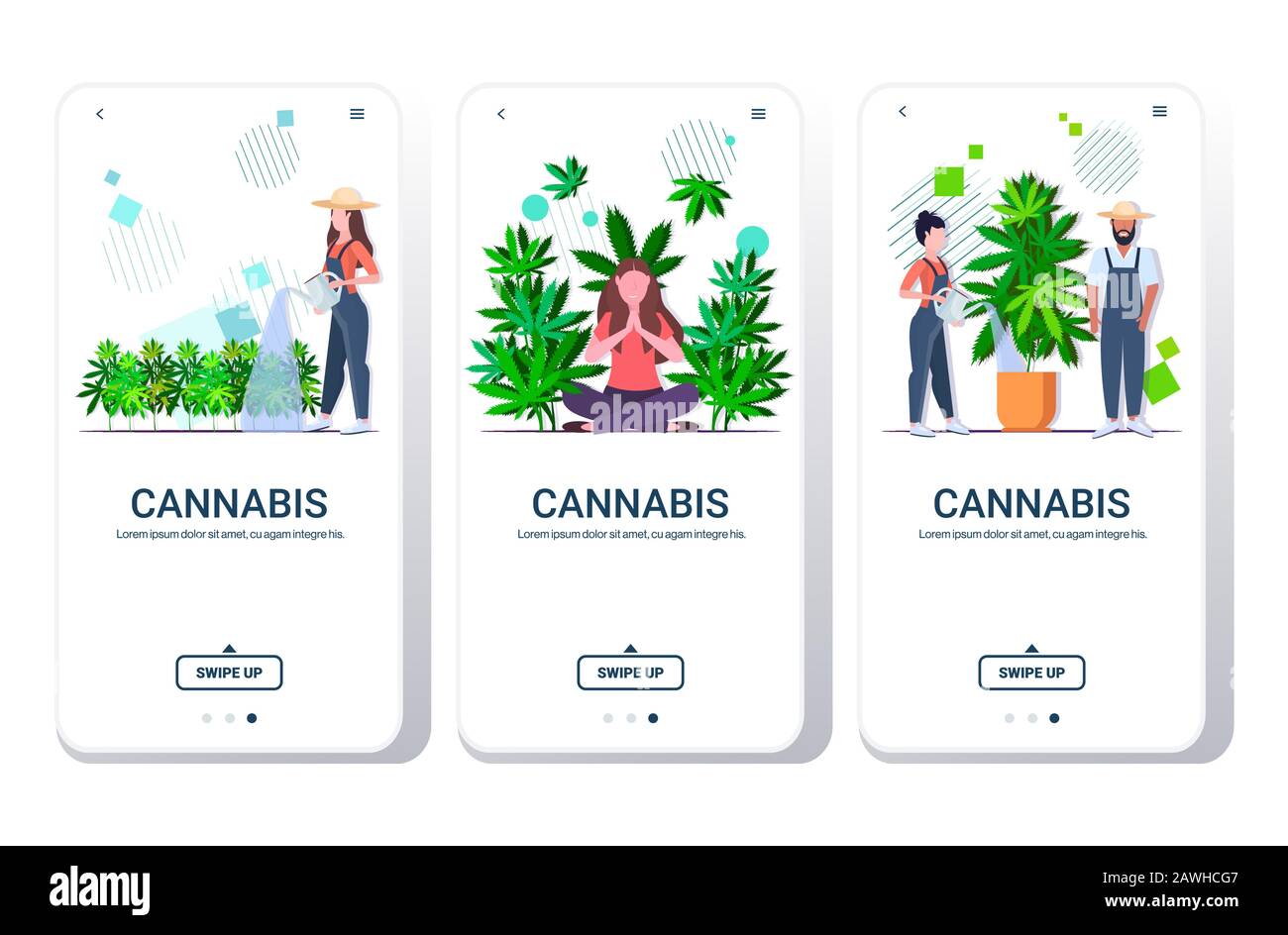 set farmers watering cannabis girl enjoying narcotic effect industrial ...