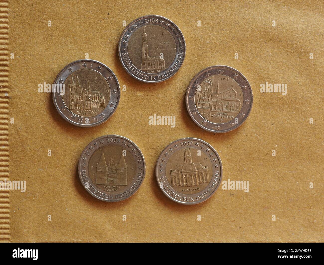 German Two Euro coins money (EUR), currency of European Union Stock ...