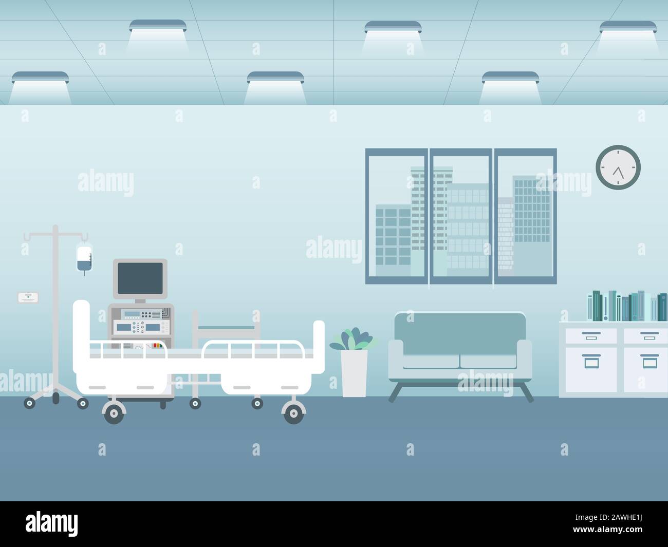 Hospital interior in inpatient room with bed and amenities vector ...