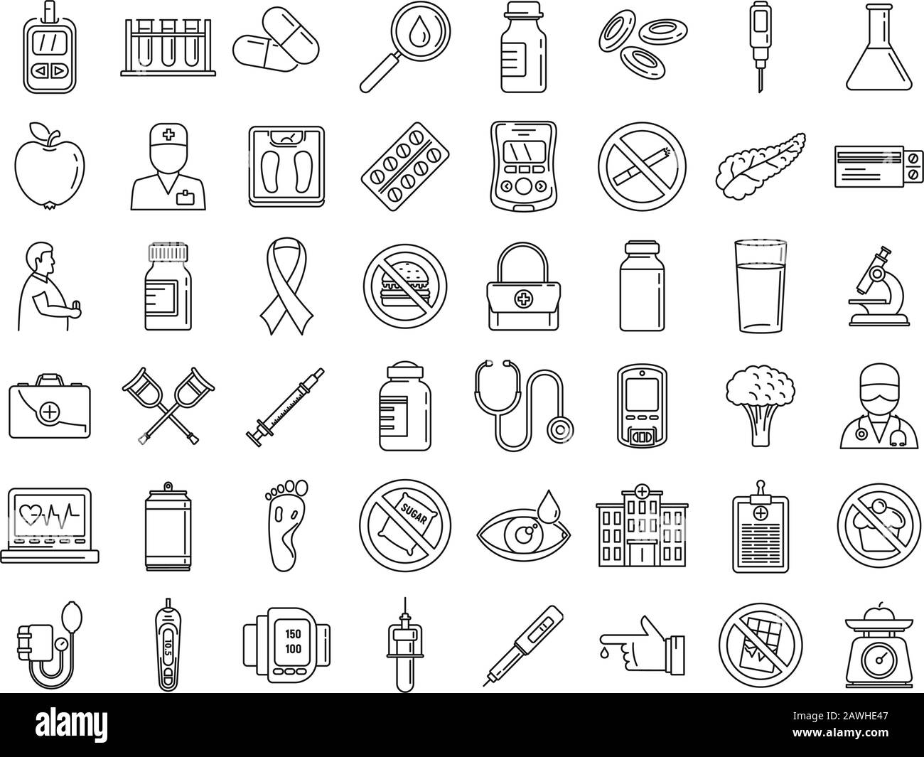 Diabetes care icons set. Outline set of diabetes care vector icons for ...