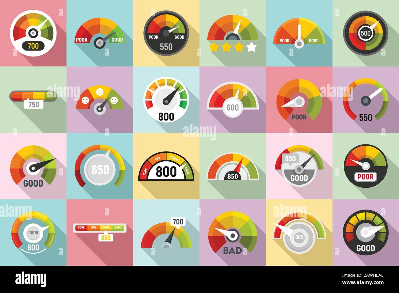 Credit score icons set. Flat set of credit score vector icons for web ...