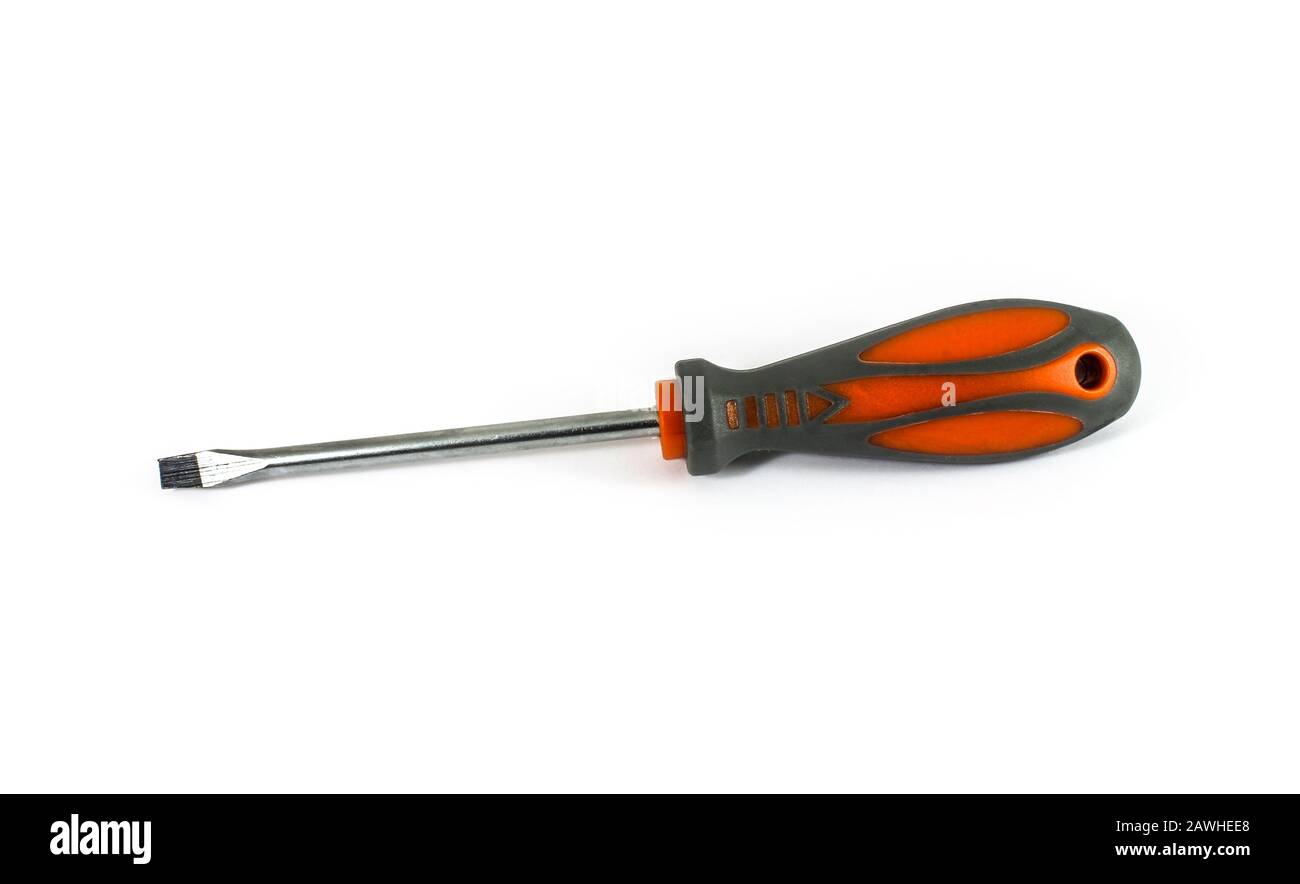 Slotted screwdriver with plastic handle isolated on white background ...