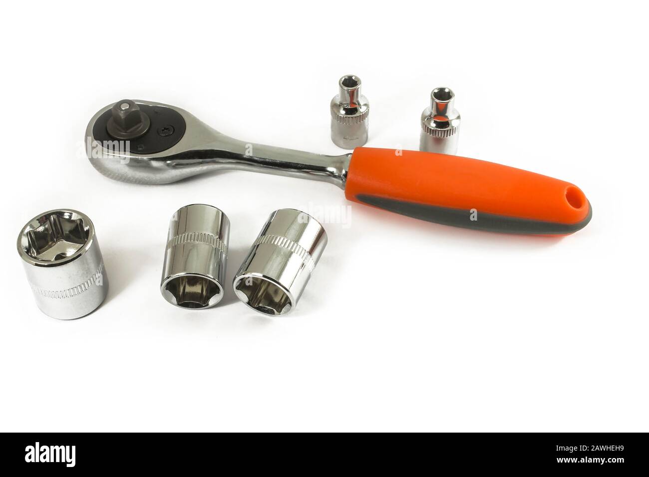 Socket wrenches and reversible handle isolated on white background ...