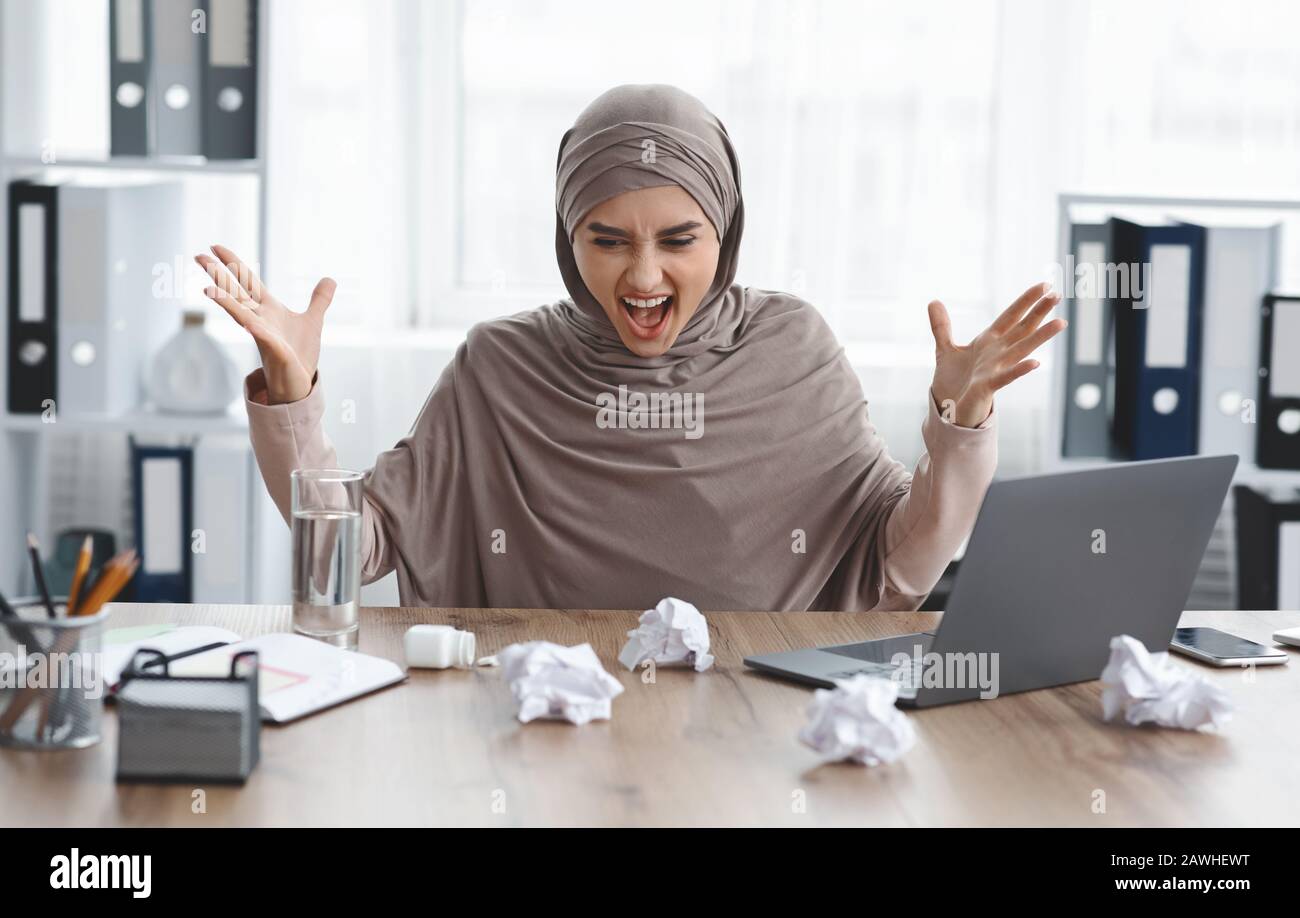 Stressed Arabic Woman Office Employee Having Nervous Breakdown At Work ...