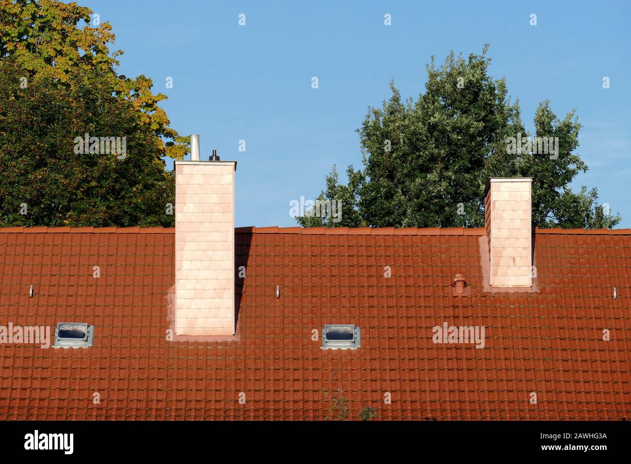 Two chimneys, roof, residential building, Bremen, Germany, Europe Stock ...