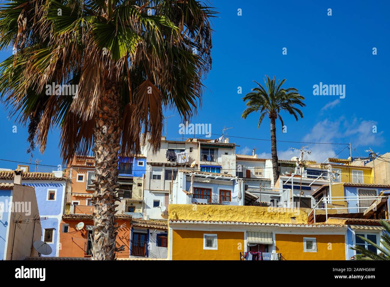 The famous coloured colourful houses of Villajoyosa, Costa Blanca ...