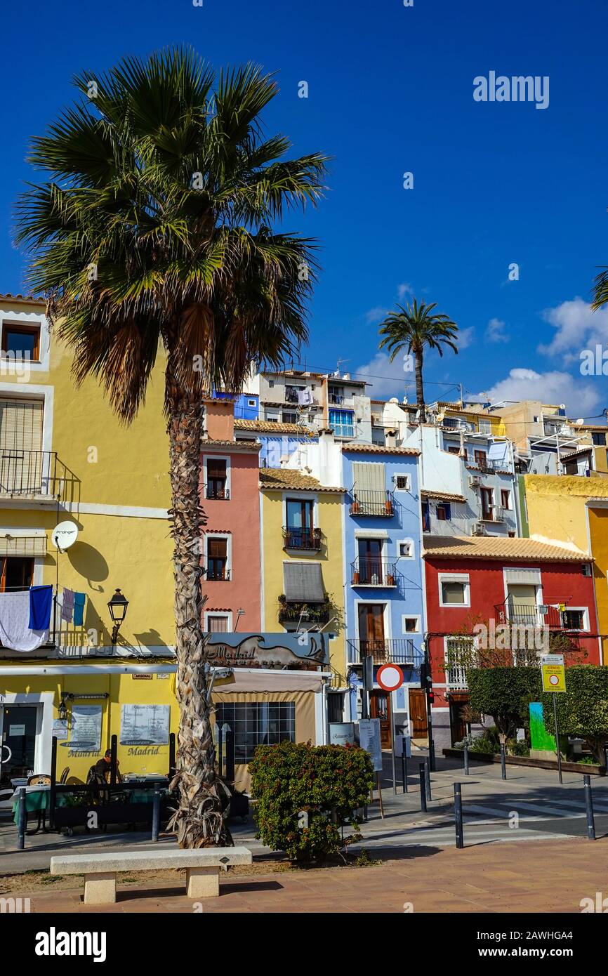 The famous coloured colourful houses of Villajoyosa, Costa Blanca ...