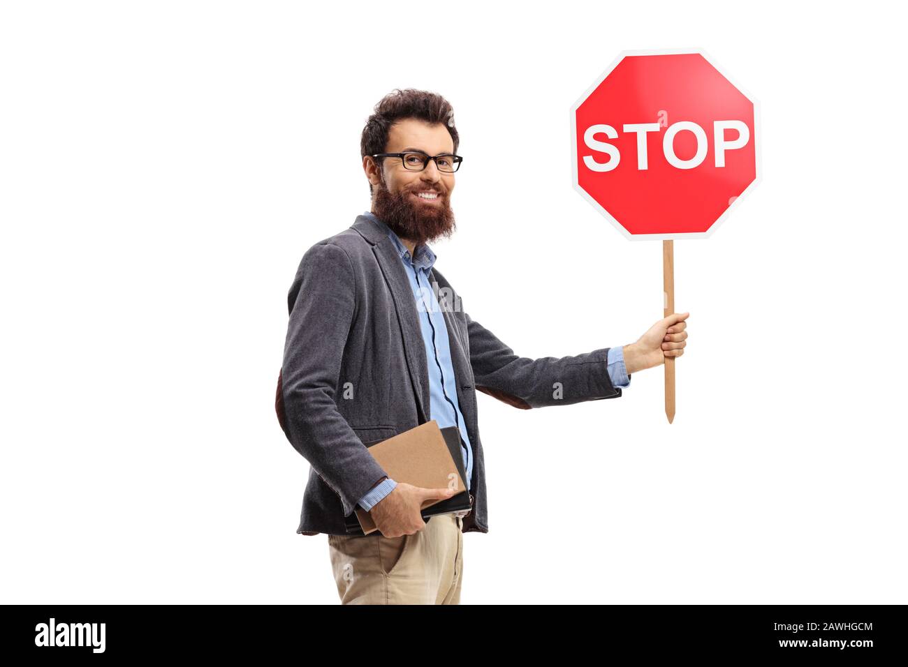 Bearded man holding books and a traffic stop sign isolated on white ...