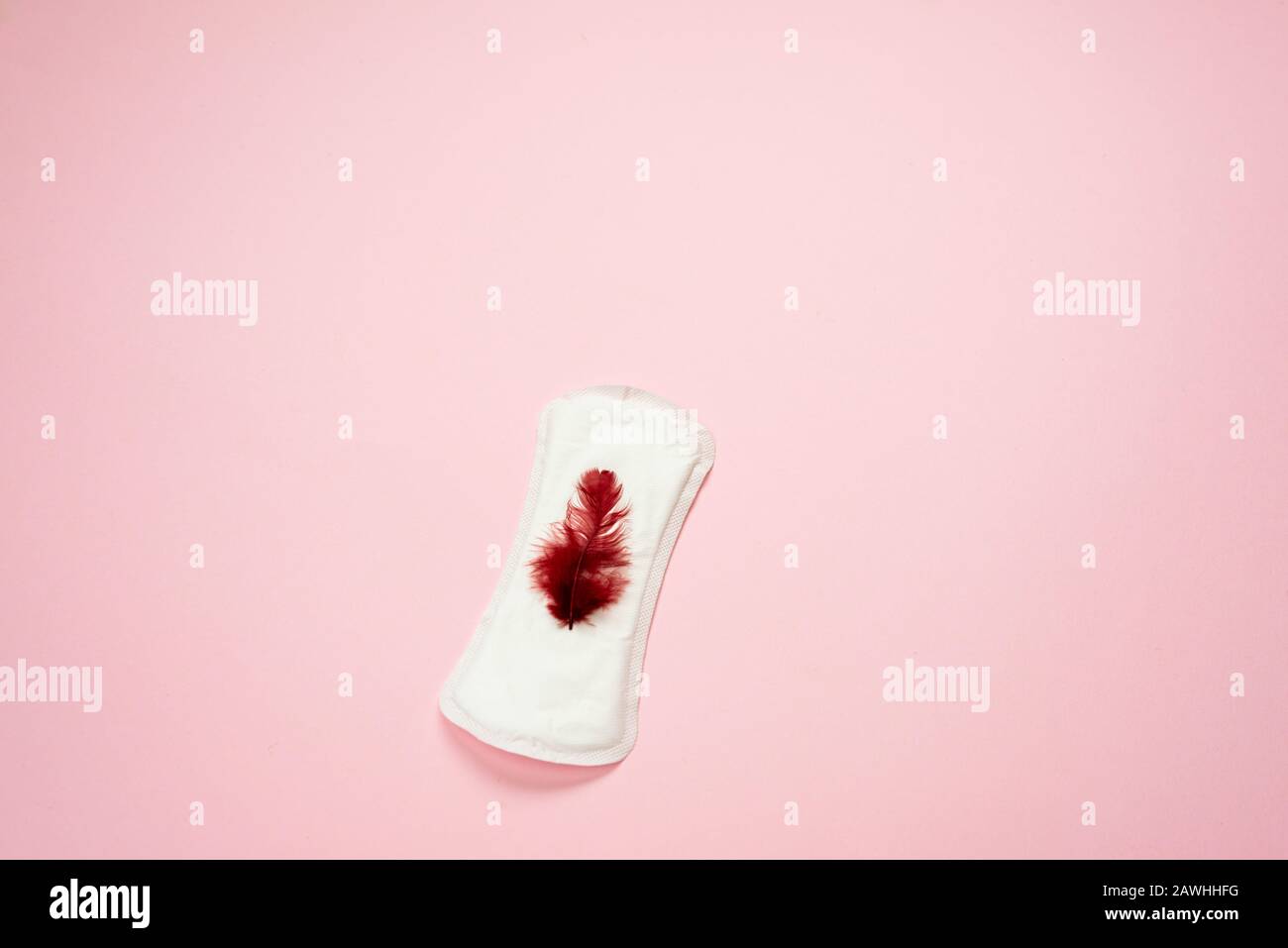 Woman pad lying isolated on pink background with red feather on it ...