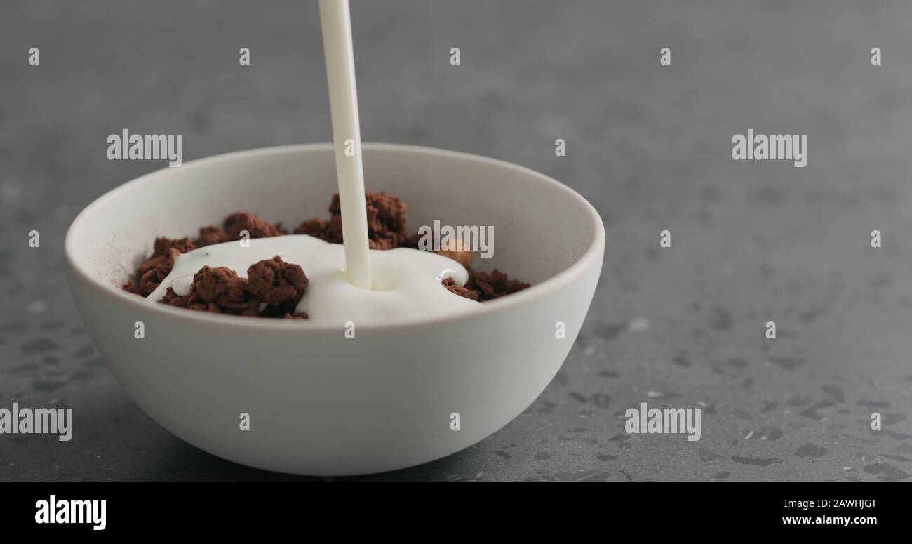 yogurt pour over chocolate granola in white bowl on terrazzo surface ...