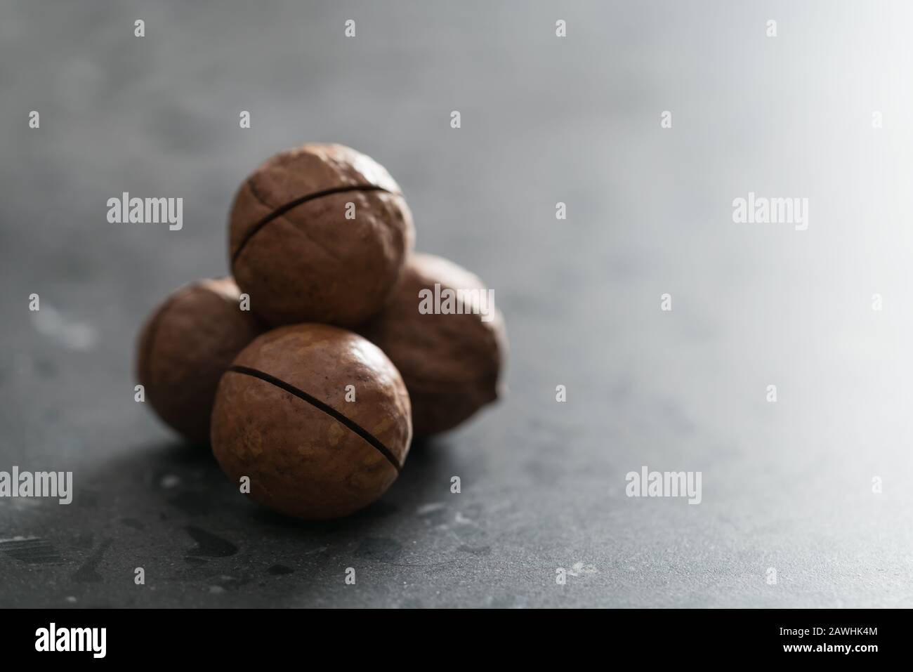 Inshell macadamia nuts on terrazzo surface with copy space, shallow ...