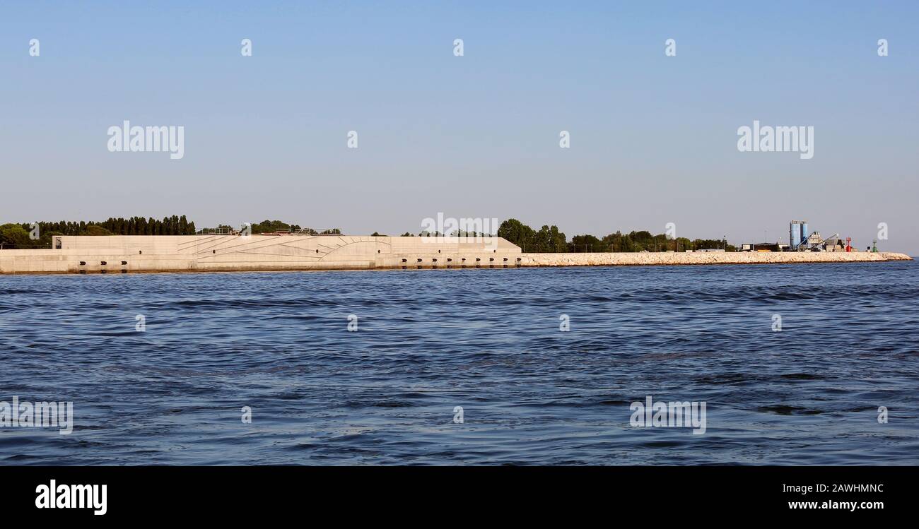 dam to protect the island of Venice from Adriatic Sea during the tide ...