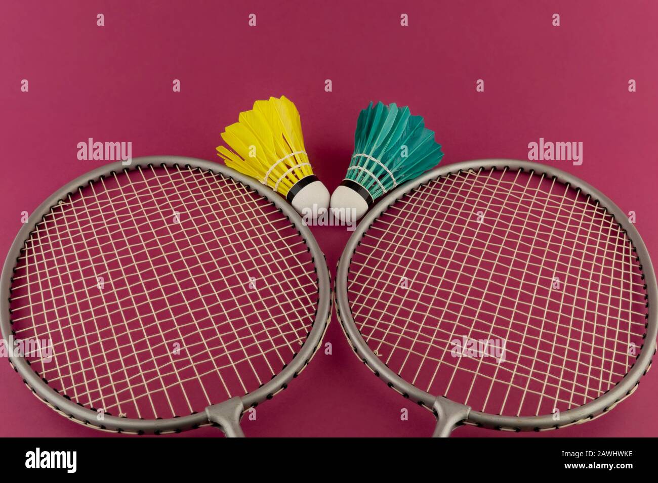 Badminton rackets and colorful feathered shuttlecocks in blue and ...