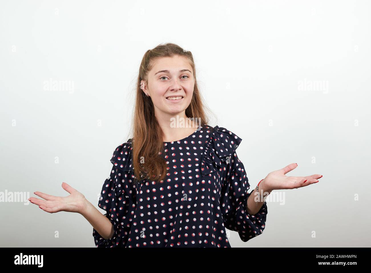 girl in a black dress woman does not know how to solve problem spread ...