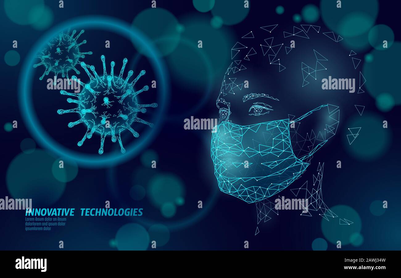 Woman face mask. Infection pneumonia prevention healthcare. 3D low poly ...