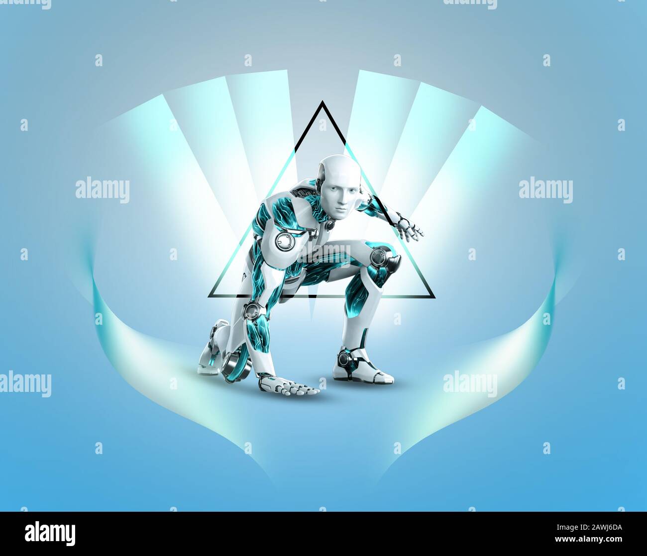 Male cyborg crouching down on one knee, futuristic background Stock ...