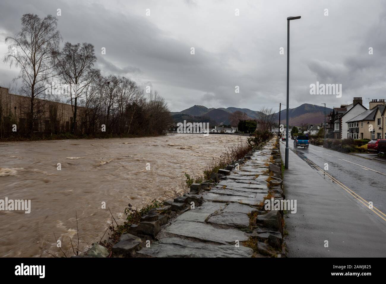 Keswick, Cumbria / UK - 02 09 2020: Storm Caira in Keswick, high rivers ...