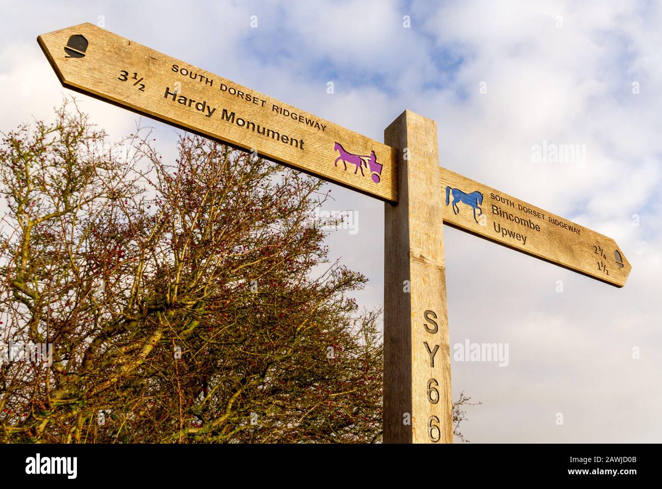 South Dorset Ridgeway sign post pointing to Hardy Monument one way and ...
