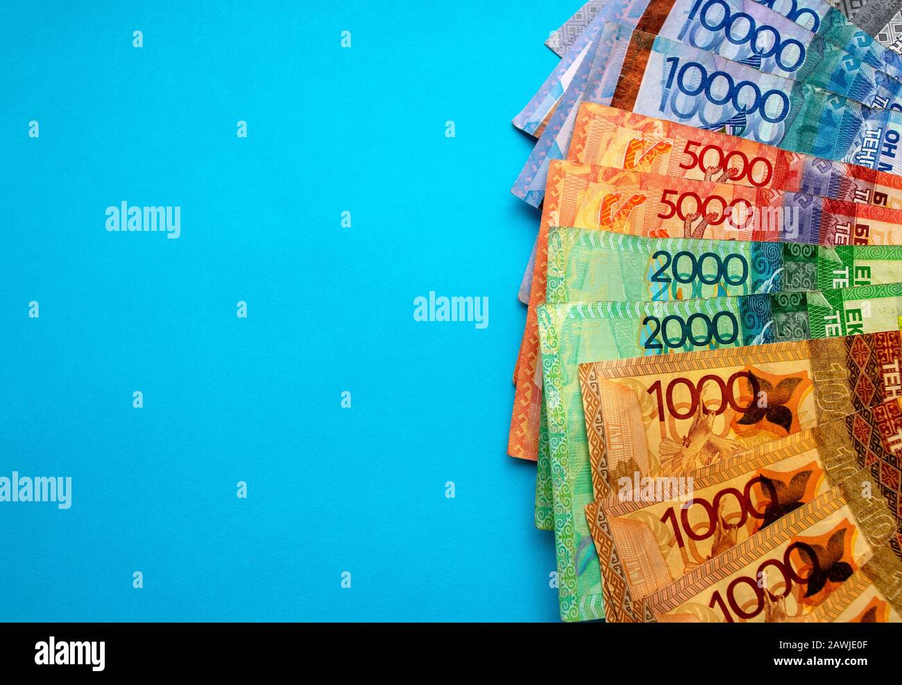 Kazakhstan national currency - tenge, top view. One thousand, two ...