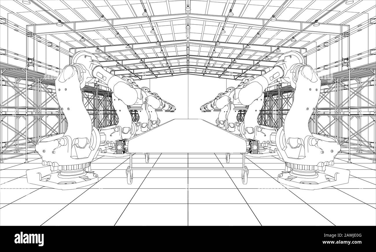 A plant with industral robots manipulators. Blueprint style. Vector ...