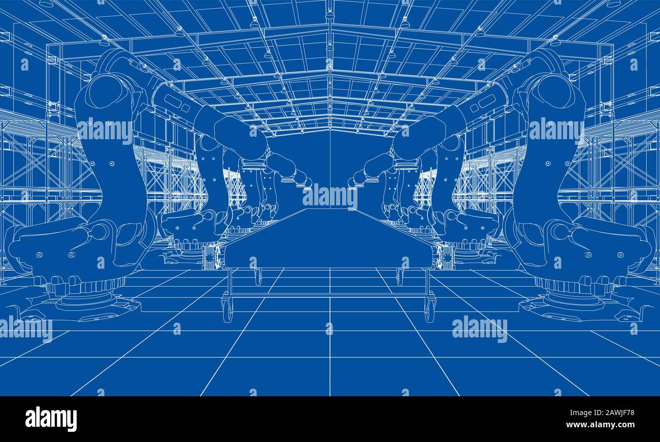 A plant with industral robots manipulators. Blueprint style. Vector ...