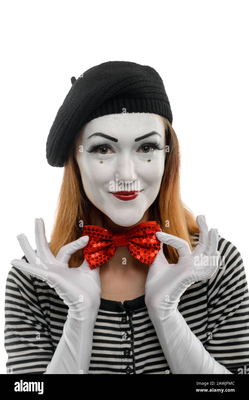 Vertical portrait of female mime, isolated on white Stock Photo - Alamy