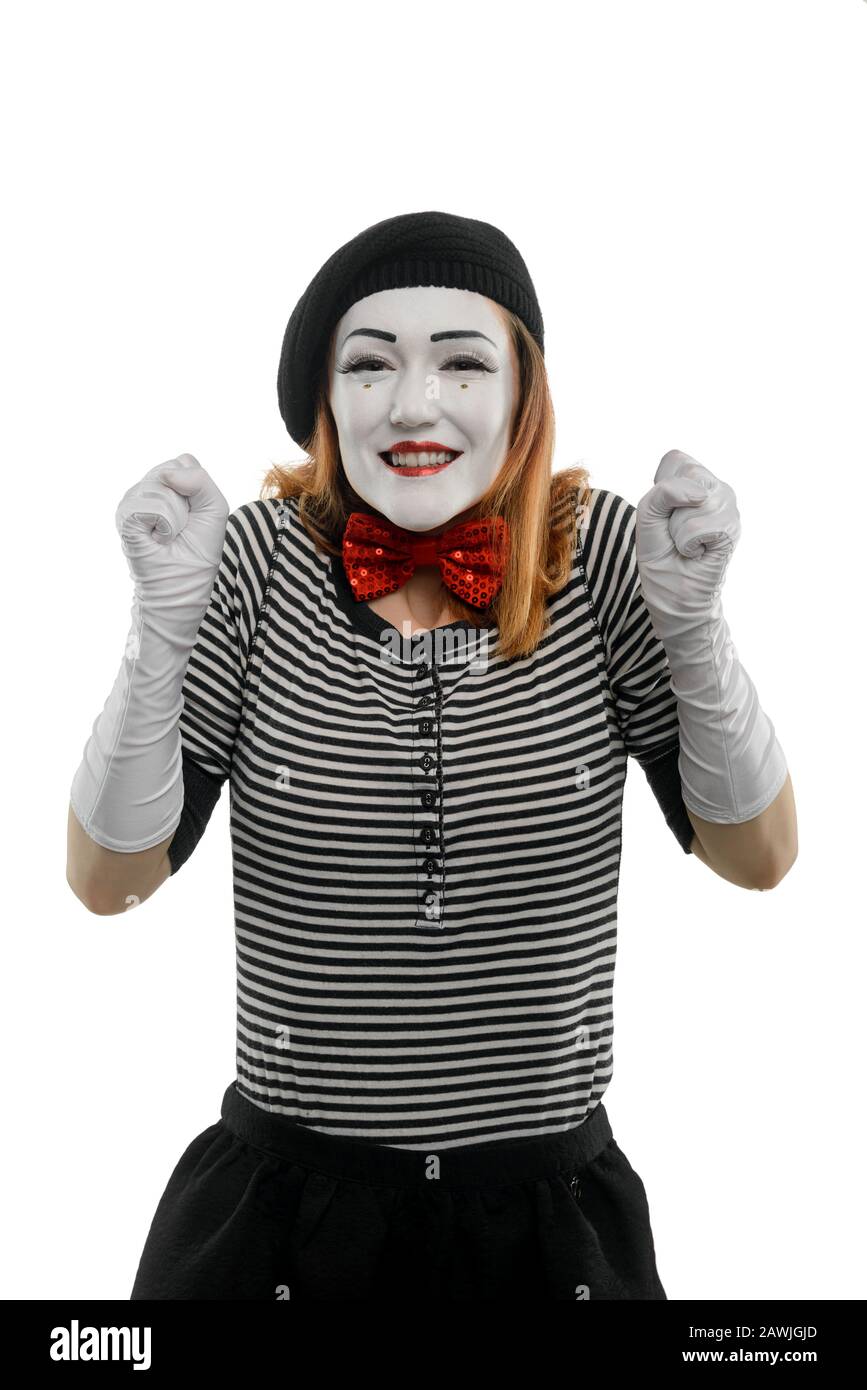 Portrait of delighted female mime, isolated on white Stock Photo - Alamy
