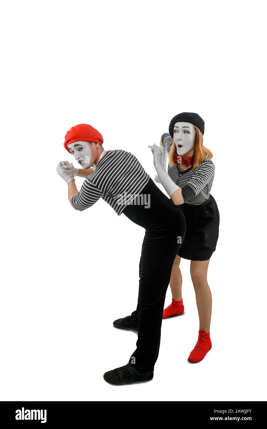 Pantomime sketch of two mimes. Man and woman as mime artists Stock ...