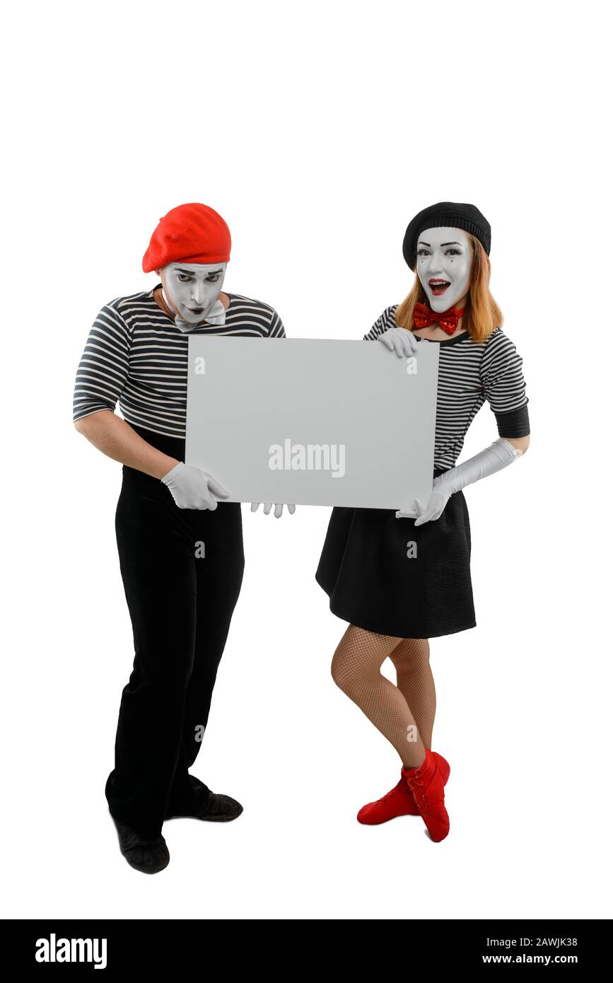 Vertical full body portrait of mime artists, isolated on white Stock ...
