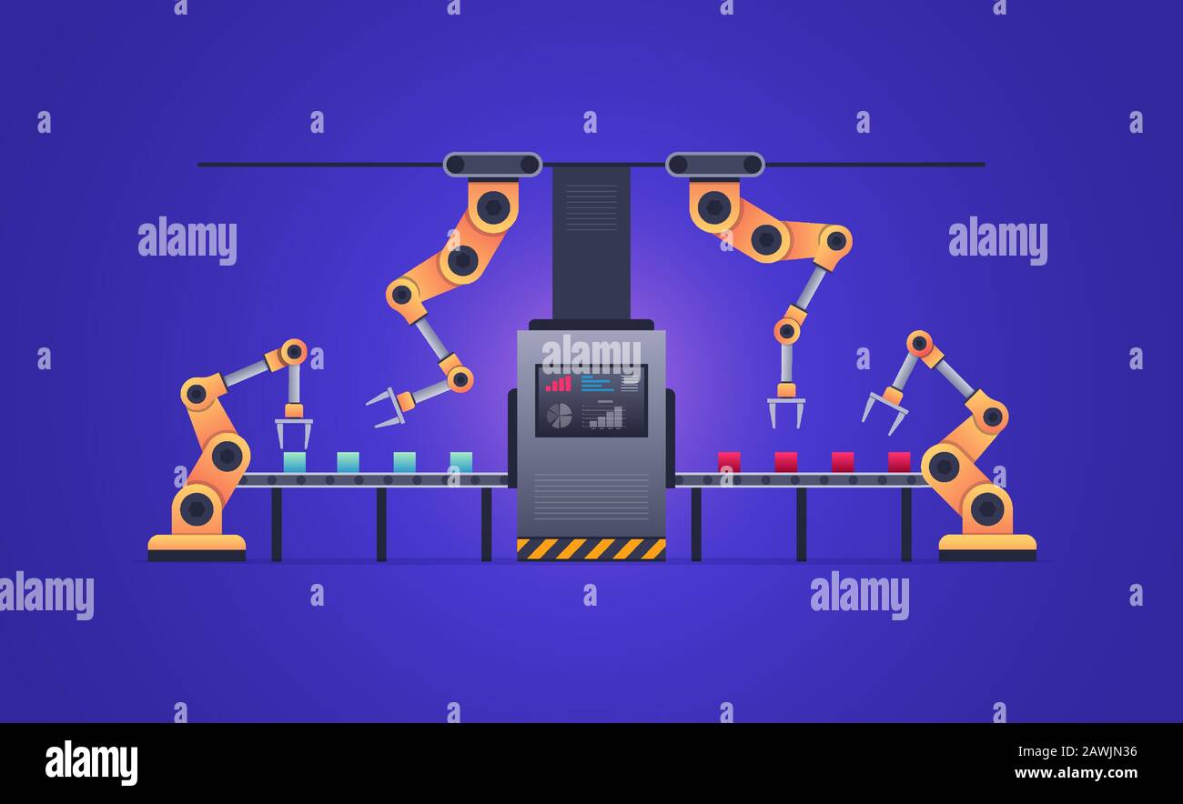 Robots are working on technology production in conveyor belt line ...