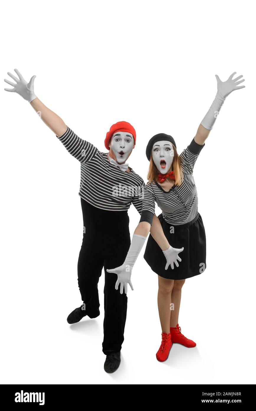 Portrait of two happy mimes posing with arms wide open Stock Photo - Alamy