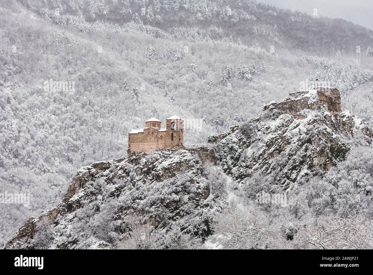 The Church of the Holy Mother of God in Asen's fortress at winter. Old ...