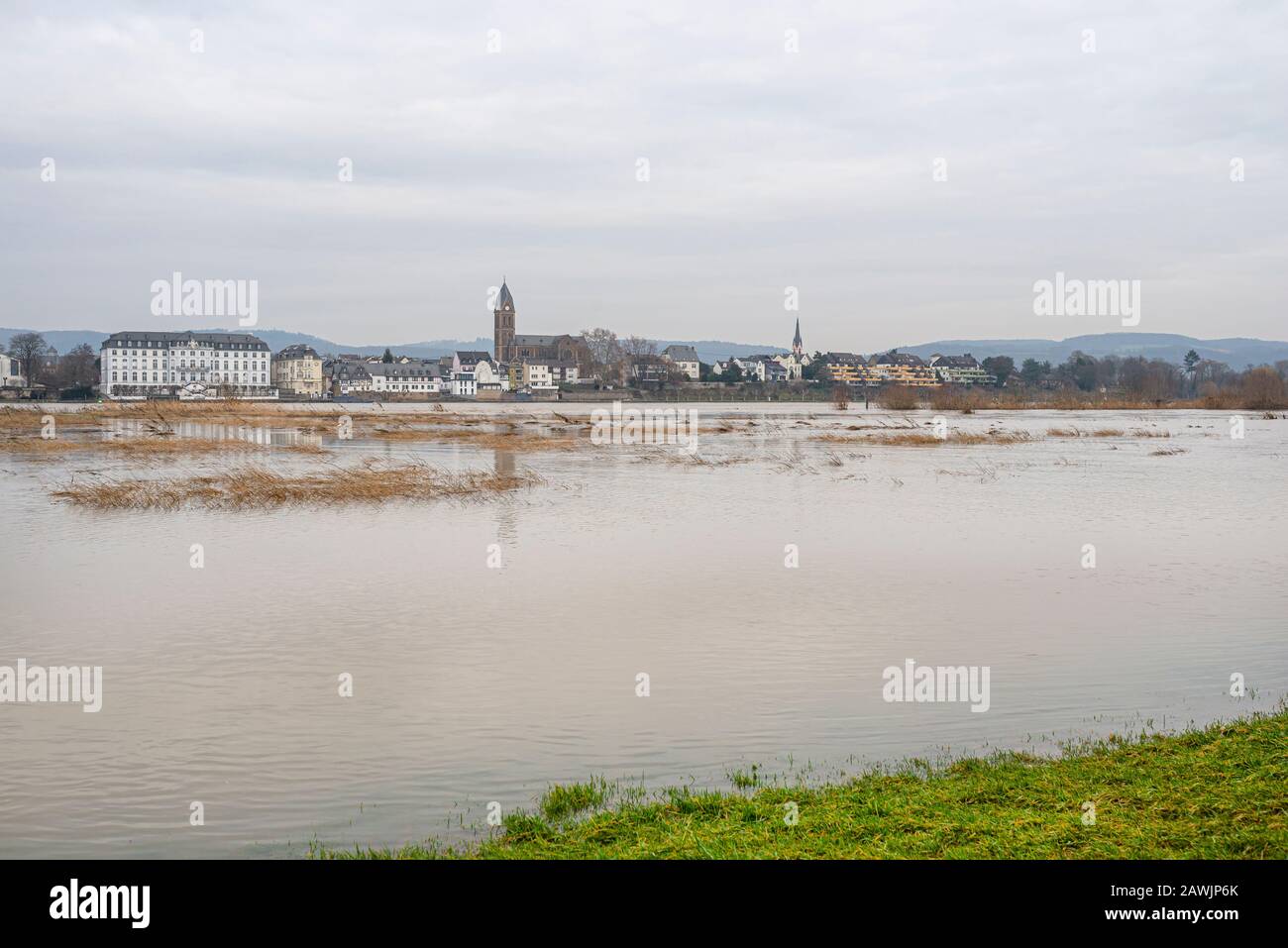 The high state of the Rhine in western Germany, water has risen from ...